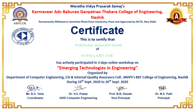 Mhaske Prathamesh Certificate Workshop | PDF