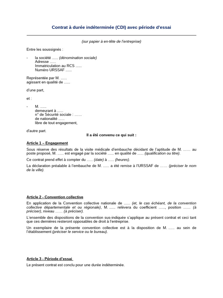 CDI avec période d'essai : modèle complet | PDF | Éthique des affaires ...