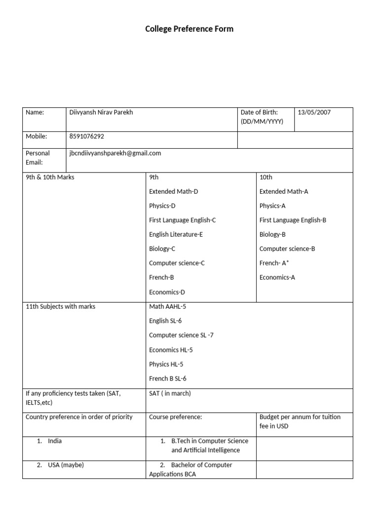College Preference Form | PDF