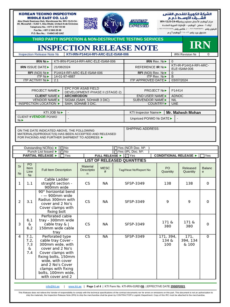 ATT05-KTI-IRN-P14414-RFI-ARC-ELE-ISAM-006-INSPECTION RELESE NOTE ...