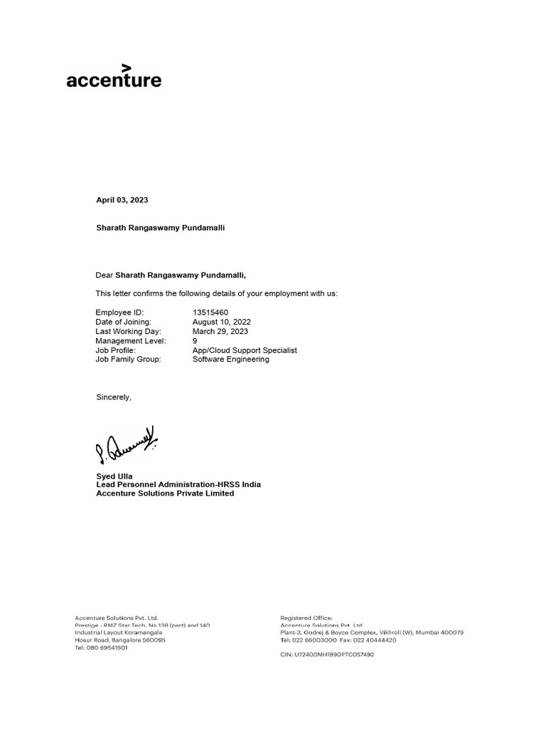 Accenture Experience Letter | PDF