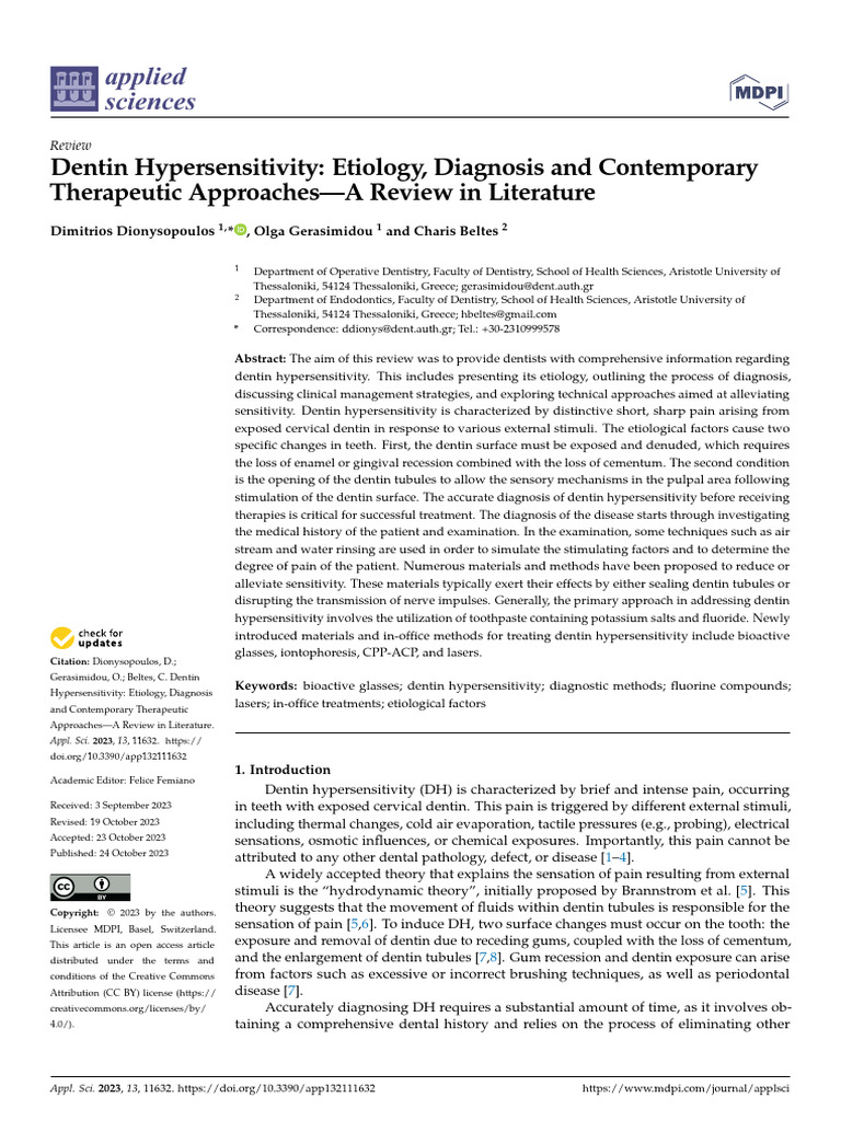Dentin Hypersensitivity Etiology, Diagnosis and Contemporary - 2023 | PDF | Dentin | Human Tooth