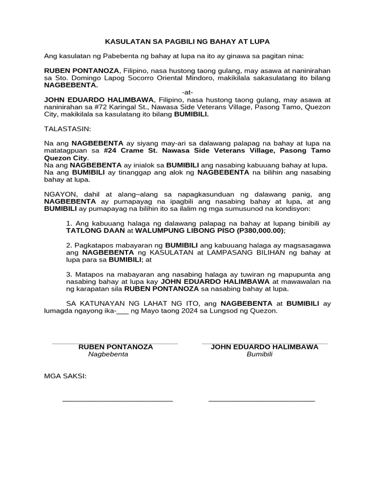 Kasulatan Sa Pagbenta NG Bahay at Lupa | PDF