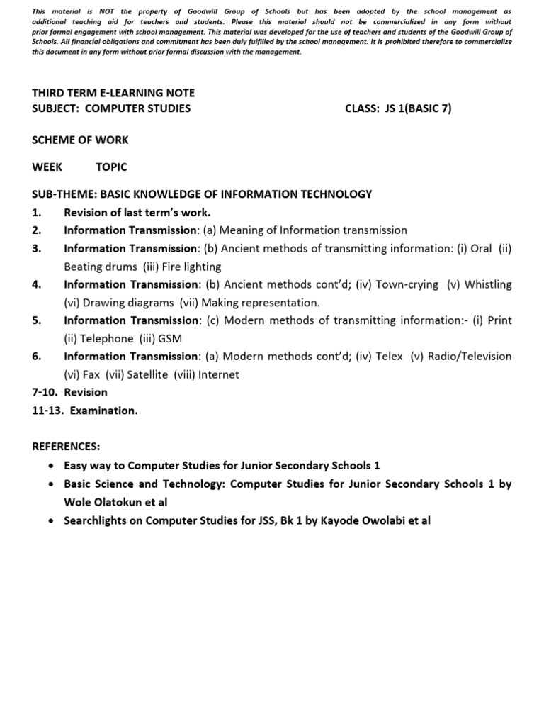 Third Term jss1 Computer Studies | PDF | Fax | Telephone
