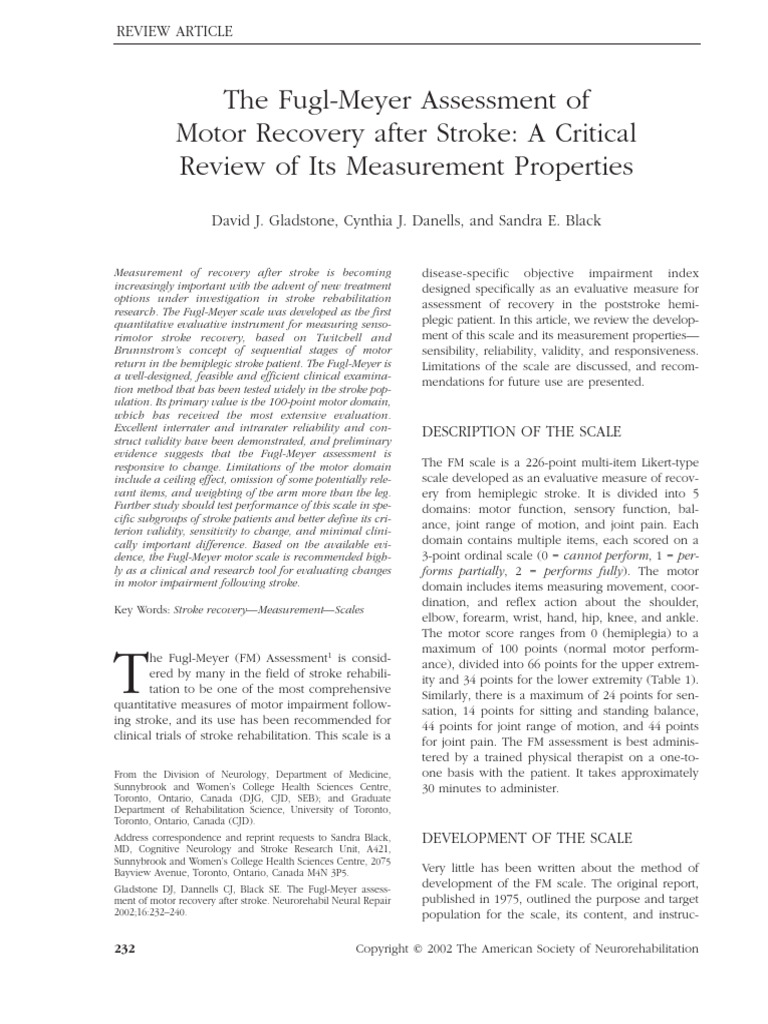 Gladstone Et Al 2002 The Fugl Meyer Assessment of Motor Recovery After Stroke A Critical Review ...