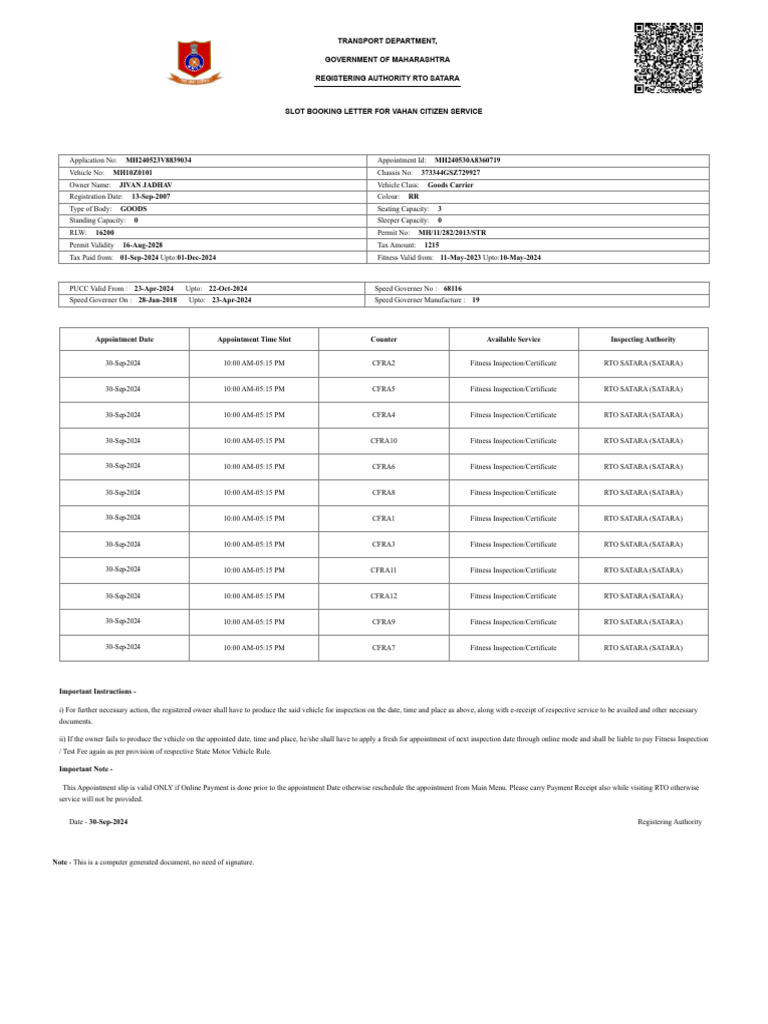 RTO Satara Fitness Inspection Appointment | PDF | Transport