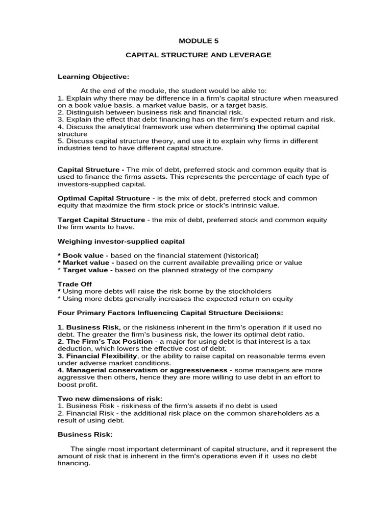 MODULE 5 - Capital Structure & Leverage | PDF | Capital Structure | Risk