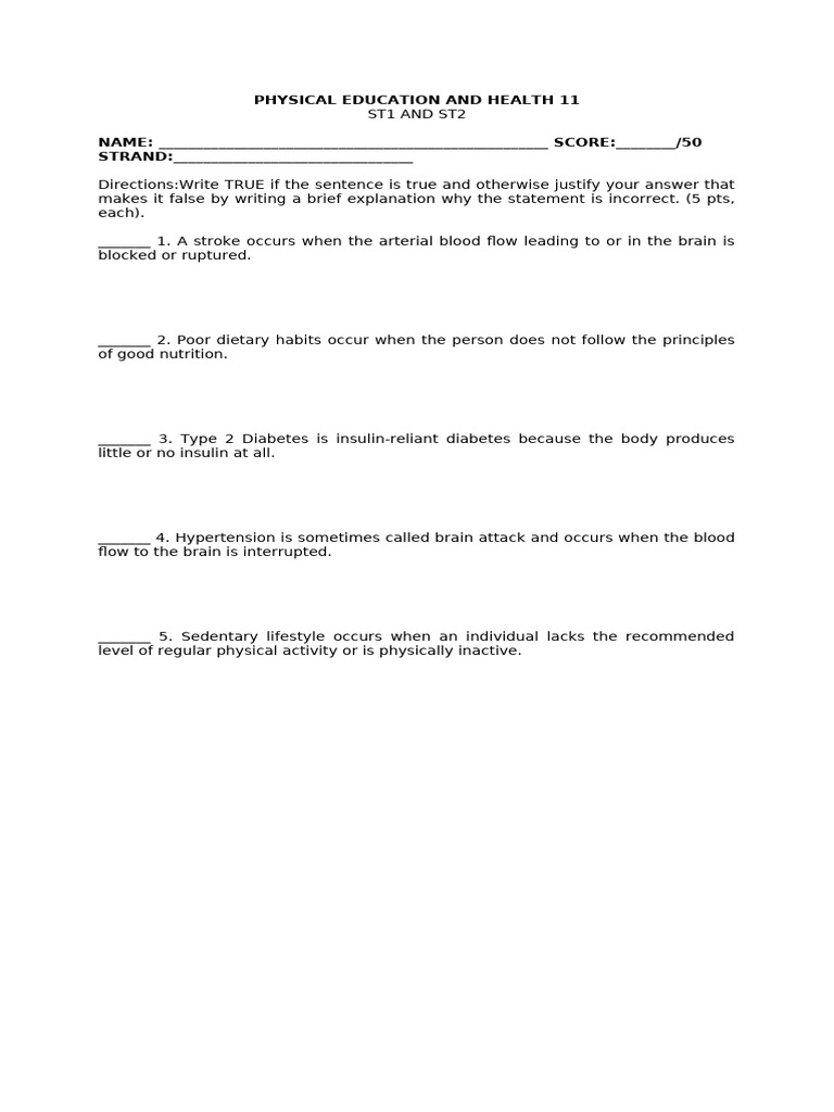 PE & Health Quiz for Students | PDF