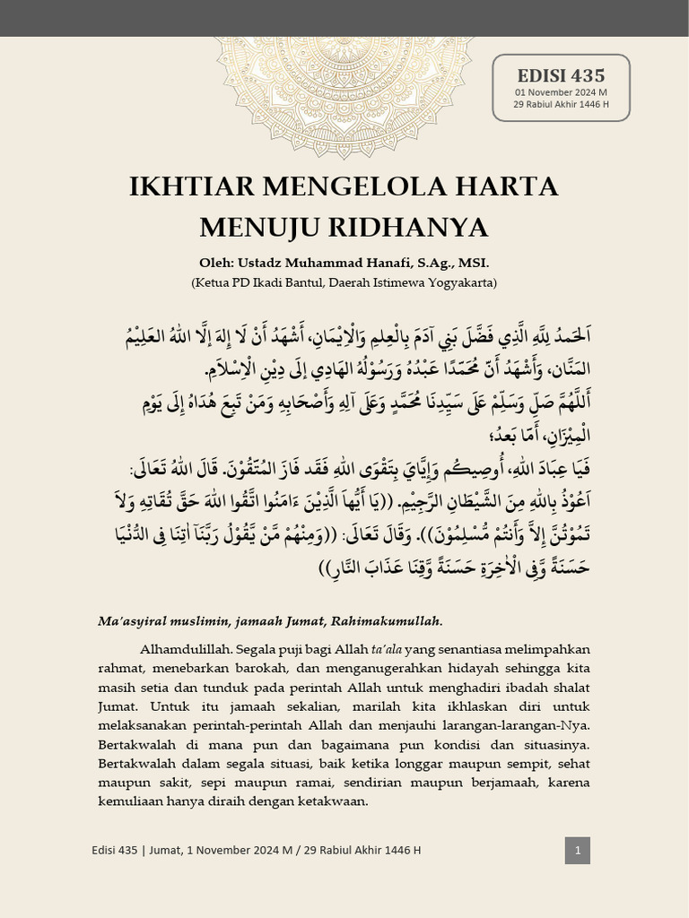 Edisi 435 - 011124 - Muhamad Hanafi - Ikhtiar Mengelola Harta Menuju ...