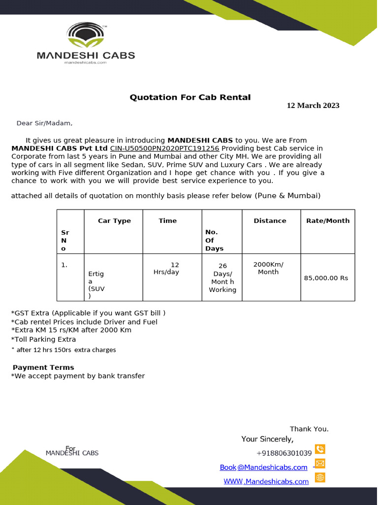 MANDESHI CABS Corporate Service Quote | PDF