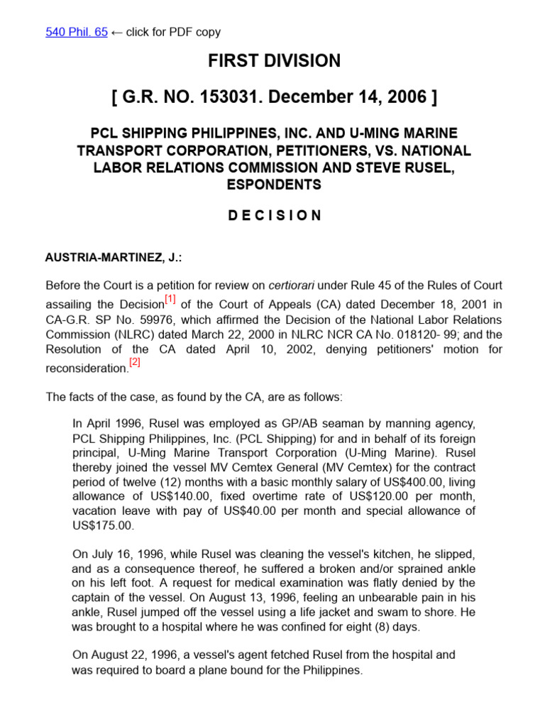 PCL Shipping Philippines V NLRC, G.R. No. 153031, December 14, 2006 ...