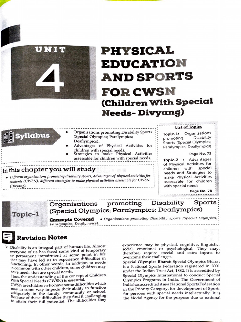 UNIT 4 Physical Education & Sports For (CWSN) | PDF | Paralympic Games