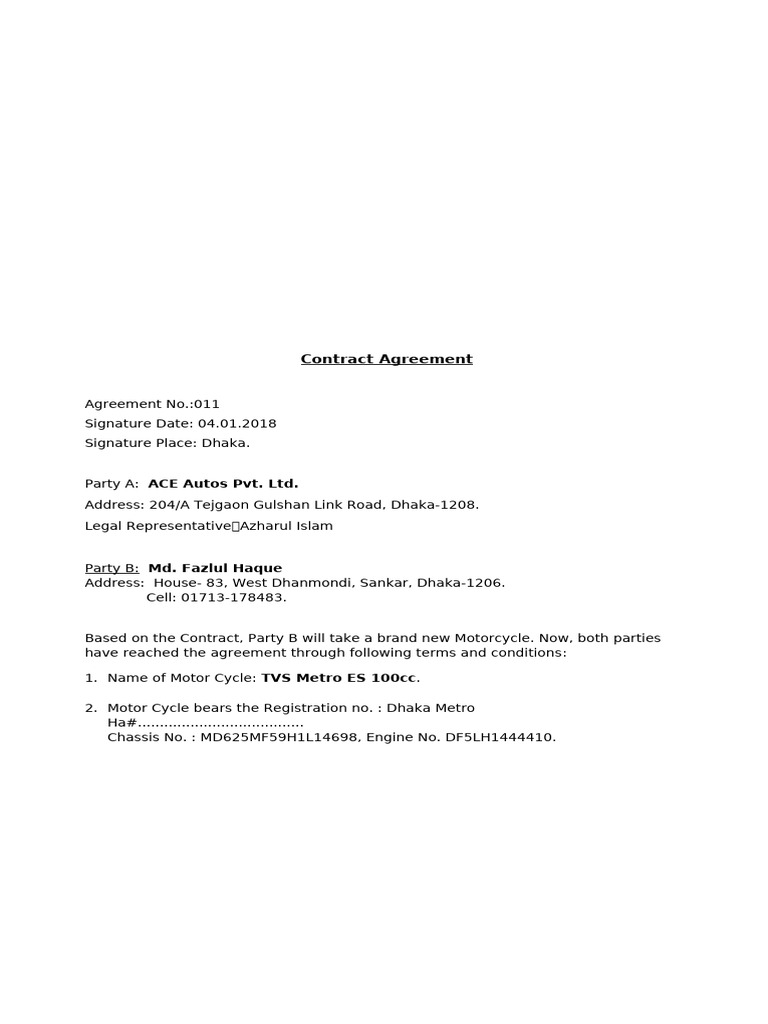 Motor Cycle Agreement-Mr Fazlul Haque | PDF | Motorcycle | Vehicles