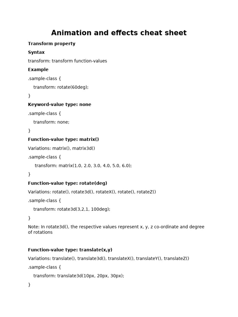 Animation and Effects Cheat Sheet | PDF | Rotation | Applied Mathematics