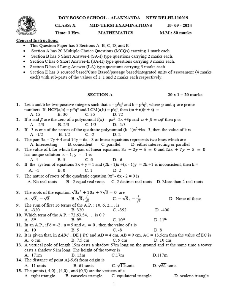 Class X Mathematics Mid-Term Exam | PDF | Polynomial | Triangle
