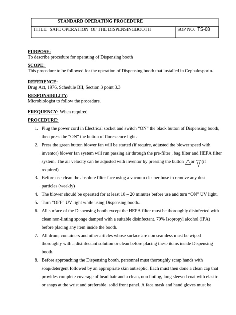 Operation of Dispensing Booth SOP | PDF | Disinfectant