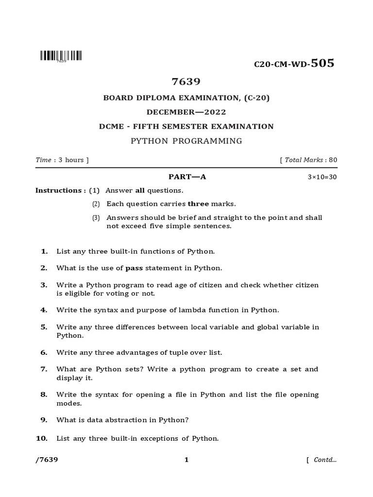 Board Diploma Examination, (C-20) DECEMBER-2022 Dcme - Fifth Semester Examination | PDF | Python ...