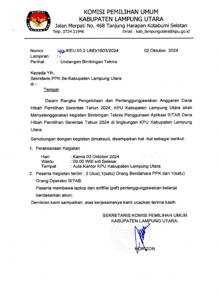 Undangan Bimtek Sitab 2024 | PDF