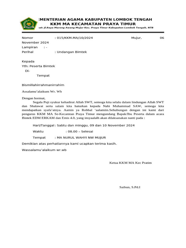 Surat Undangan KKM Ma | PDF