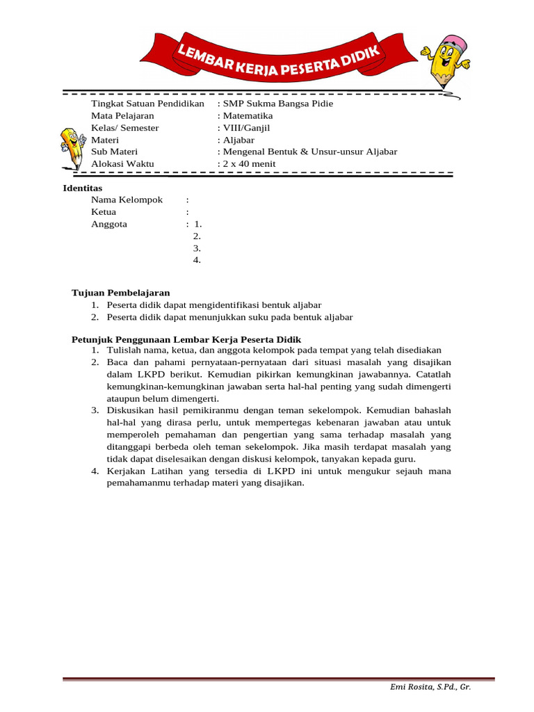 LKPD Bentuk Aljabar | PDF