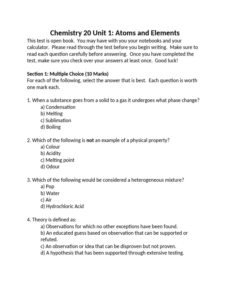 Chemistry 20 Unit 1 From Brenda | PDF | Chemical Elements | Atoms