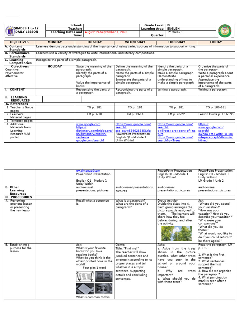 DLL in English Week 1 | PDF | Paragraph | Learning
