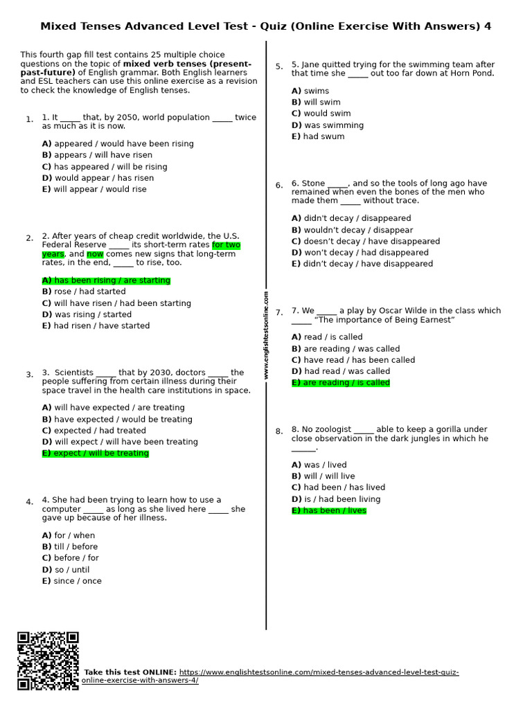 326 - Mixed Tenses Advanced Level Test Quiz Online Exercise With ...