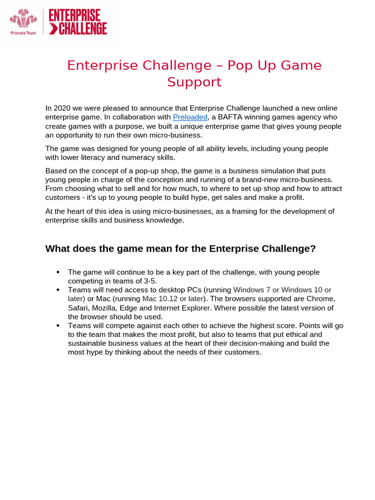 Enterprise Challenge Pop Up Game Support | PDF