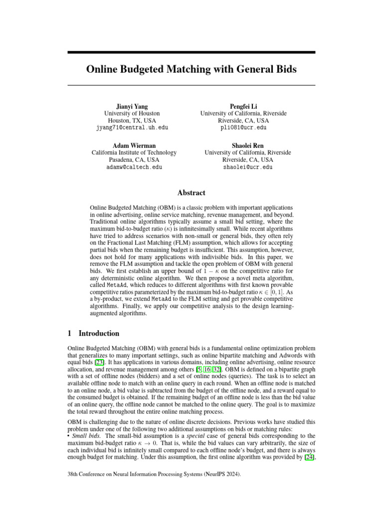 Online Budgeted Matching With General Bids: Jianyi Yang Pengfei Li | PDF | Vertex (Graph Theory ...