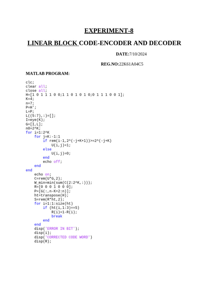Linear Block Code Error Correction | PDF
