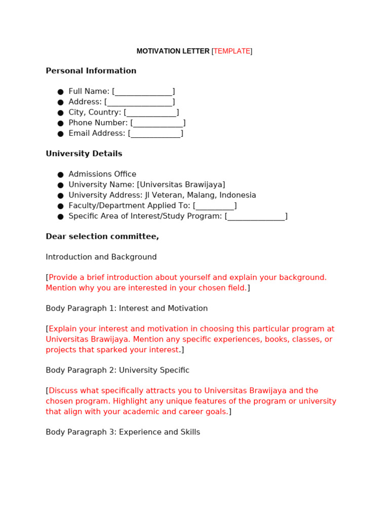 Motivation Letter Template | PDF