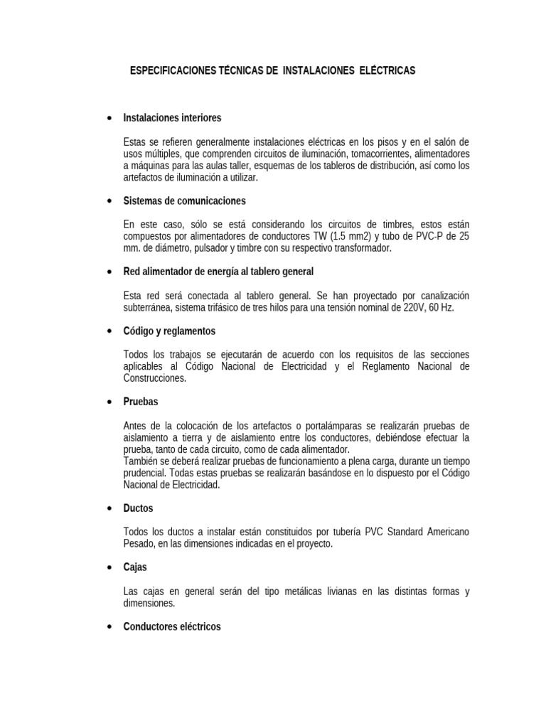 Especificaciones Técnicas de Instalaciones Eléctricas - Mercado | PDF | Cableado eléctrico | Equipo