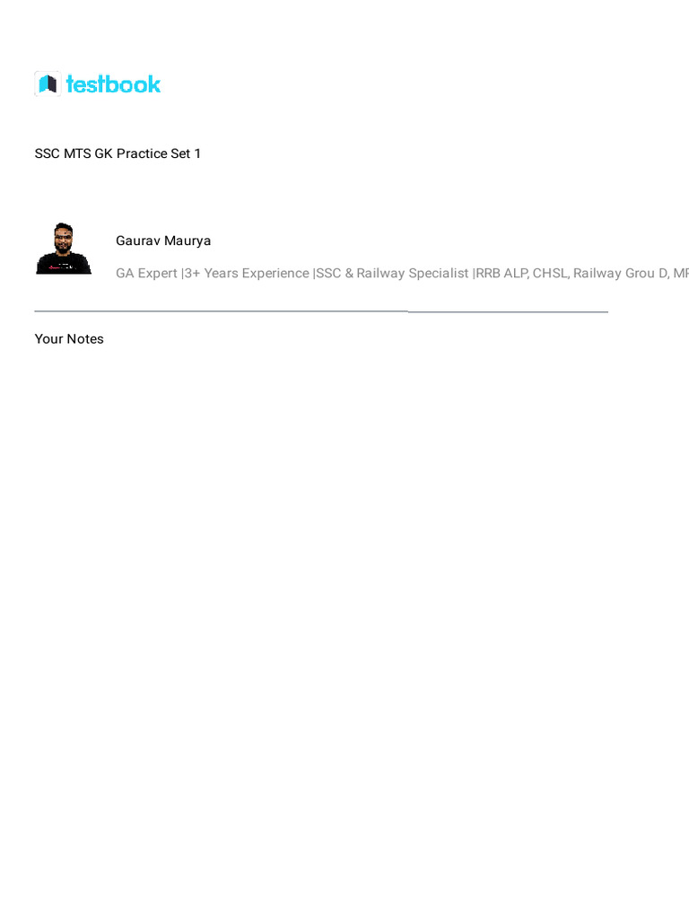 SSC MTS GK Practice Set 1 - Notes | PDF