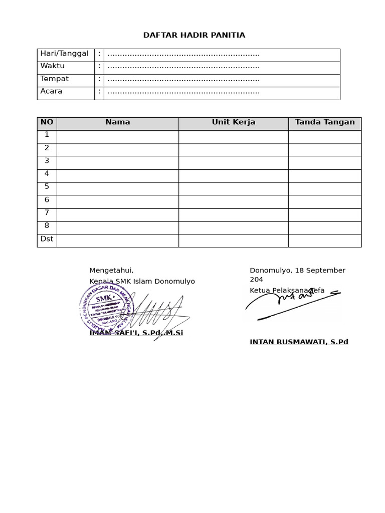 Daftar Hadir Panitia | PDF