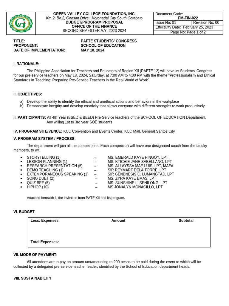 Budget Proposal For Pafte | PDF | Science & Mathematics