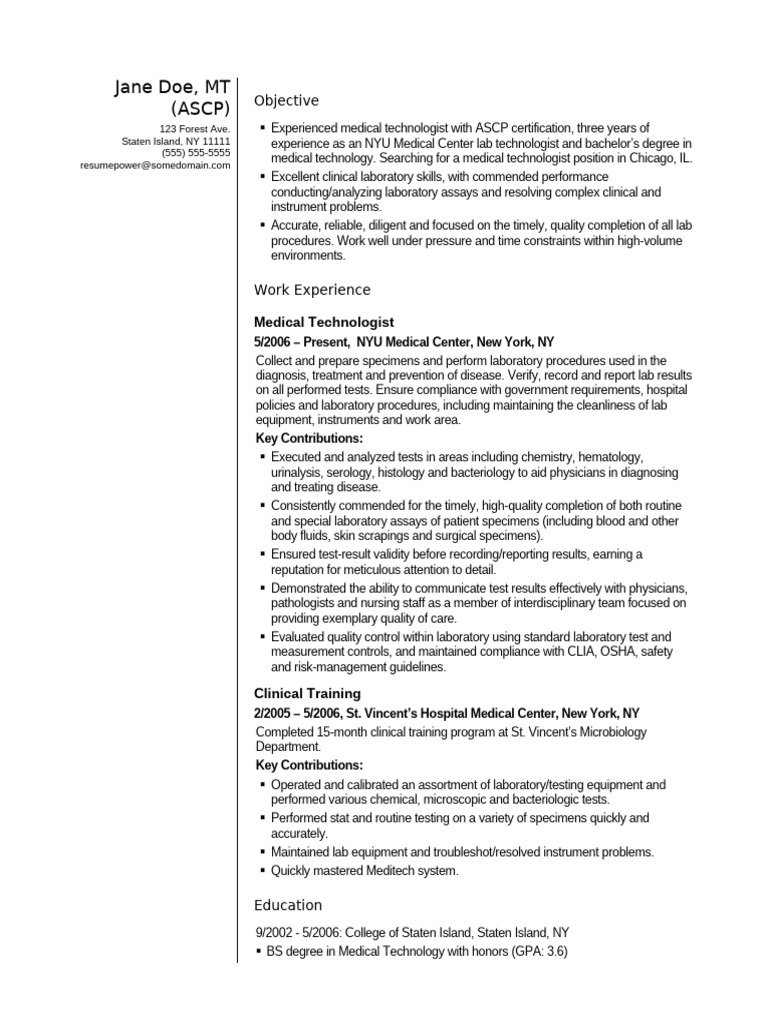 Sample Resume Medical Technologist | PDF | Medicine | Clinical Medicine
