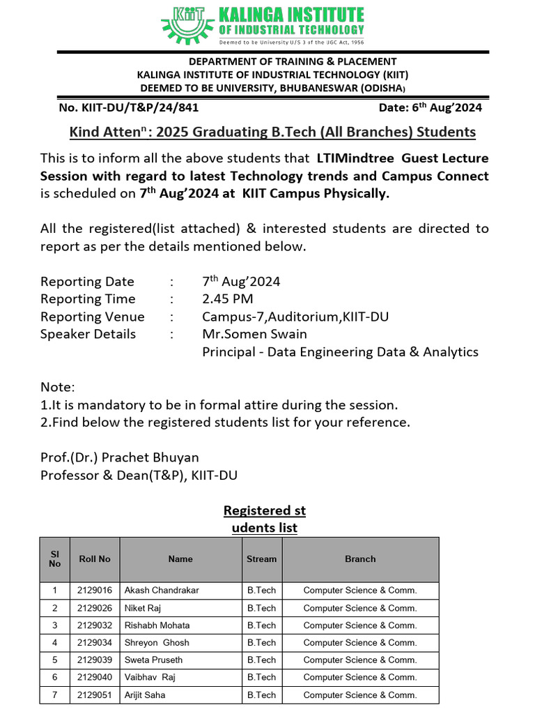 Revised Notice-LTIMindtree Guest Lecture Session On 7th Aug 2024 For 2025 Graduating Batch | PDF ...