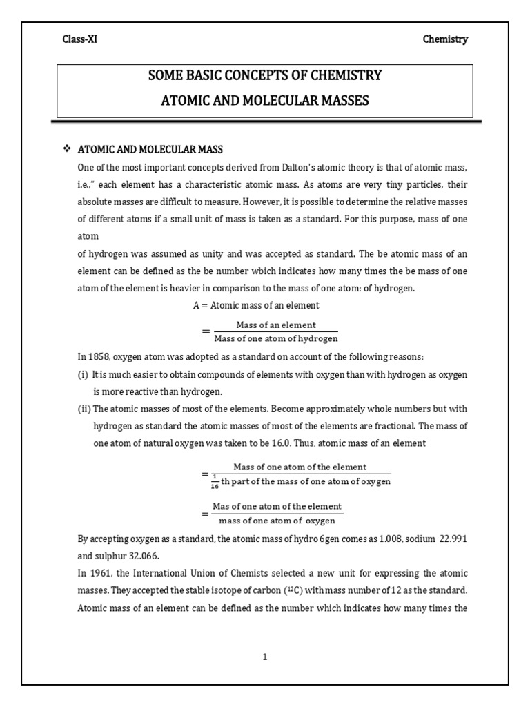 11chem1 Atomic Molecular Masses | PDF | Chemical Elements | Molecules