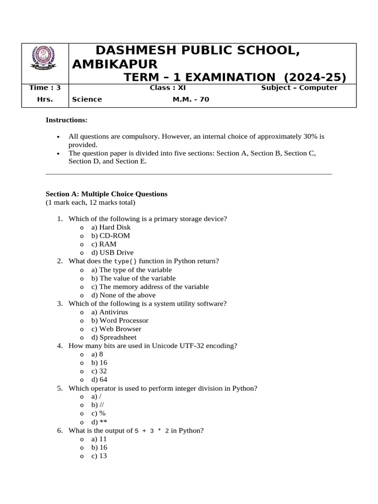 Class XI Computer Science Exam 2024-25 | PDF | Computer Data Storage ...