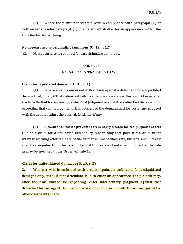 45a. Order 13 ROC 2012 | PDF | Judgment (Law) | Default Judgment