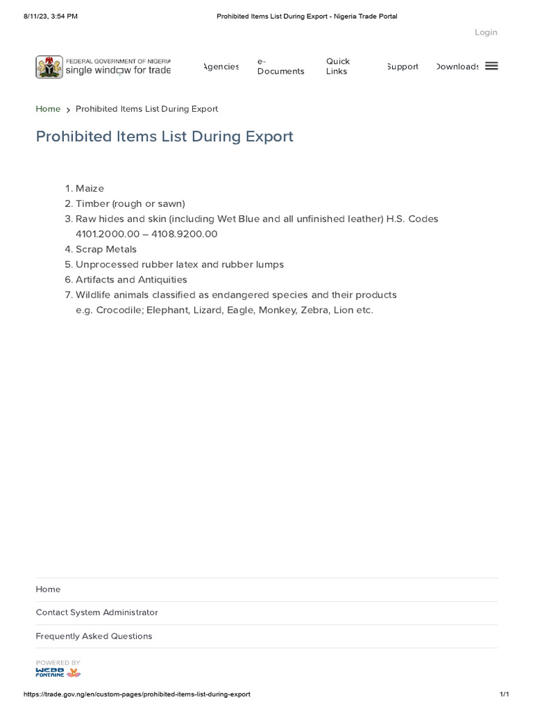 Prohibited Items List During Export - Nigeria Trade Portal | PDF