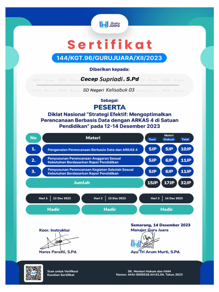 Cecep Supriadi, S.PD SERTIFIKAT GURUJUARA 12-14 DES'2023 | PDF