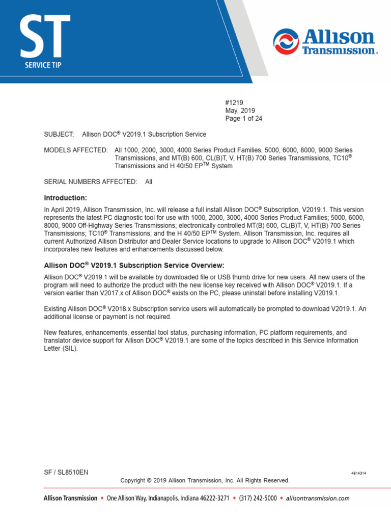 Allison Doc v2019 1 Subscription Service 1219 | PDF