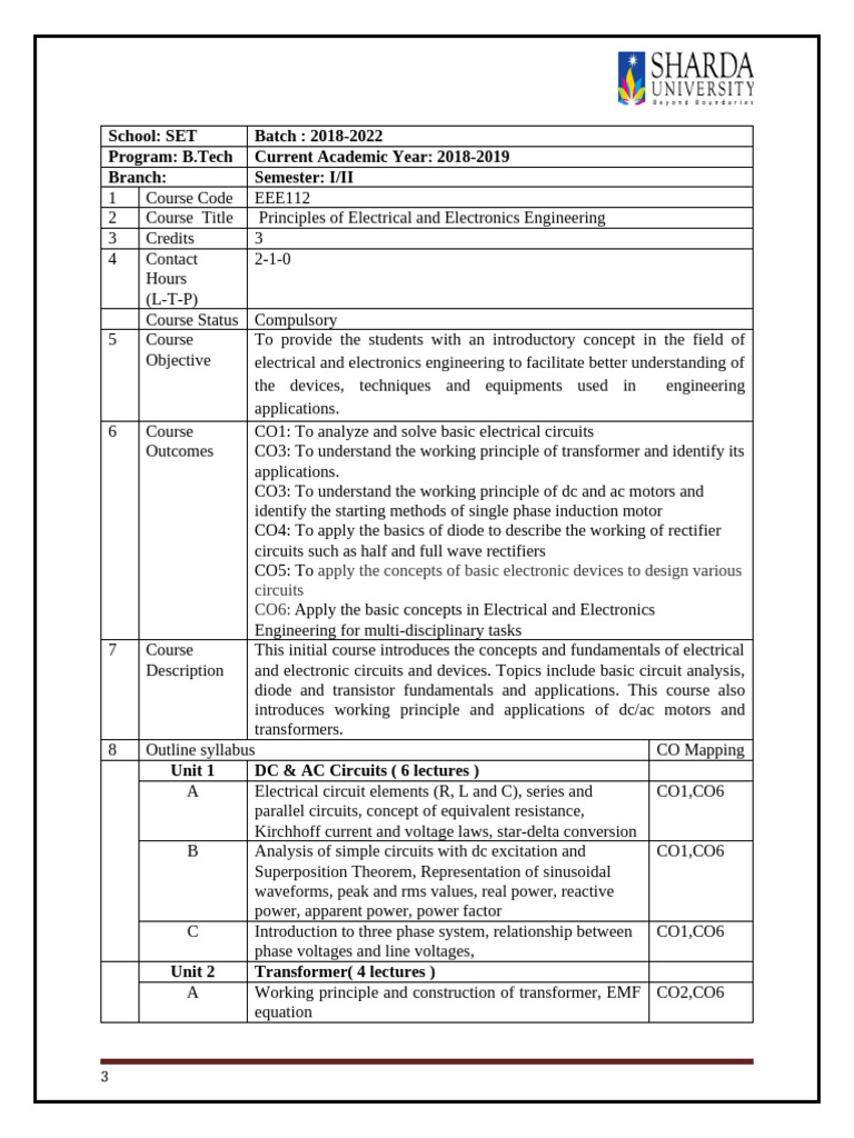 Syllabus EEE112 Electric and Electronics Engineering (Co6) | PDF ...