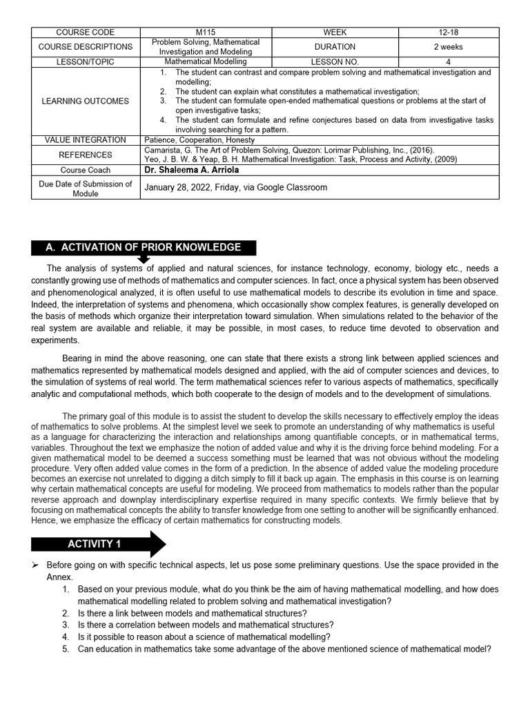 2022module 3 Mathematical Modelling Pdf Mathematics Mathematical