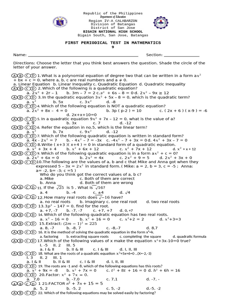 First Periodical Test in Mathematics | PDF | Quadratic Equation | Equations