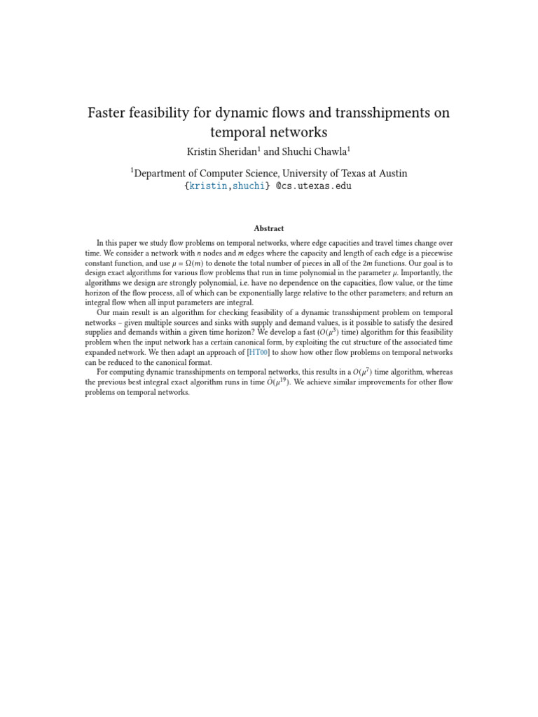 Faster Feasibility For Dynamic Flows and Transshipments On Temporal Networks | PDF | Time ...