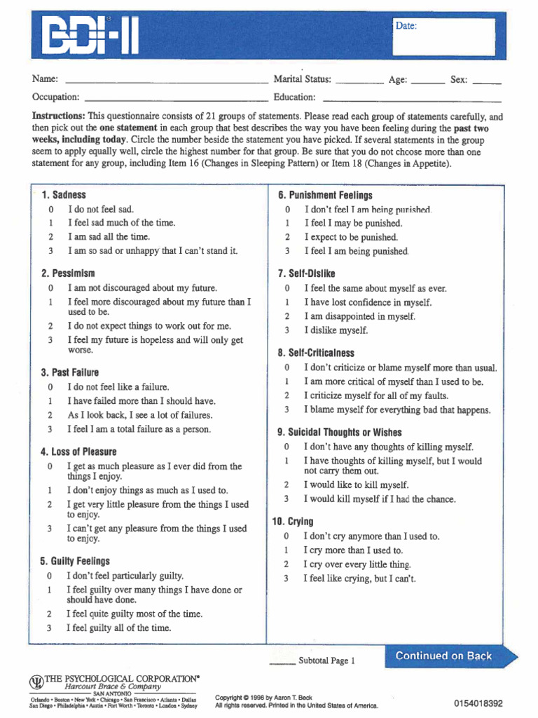 Beck Depression Inventory II | PDF