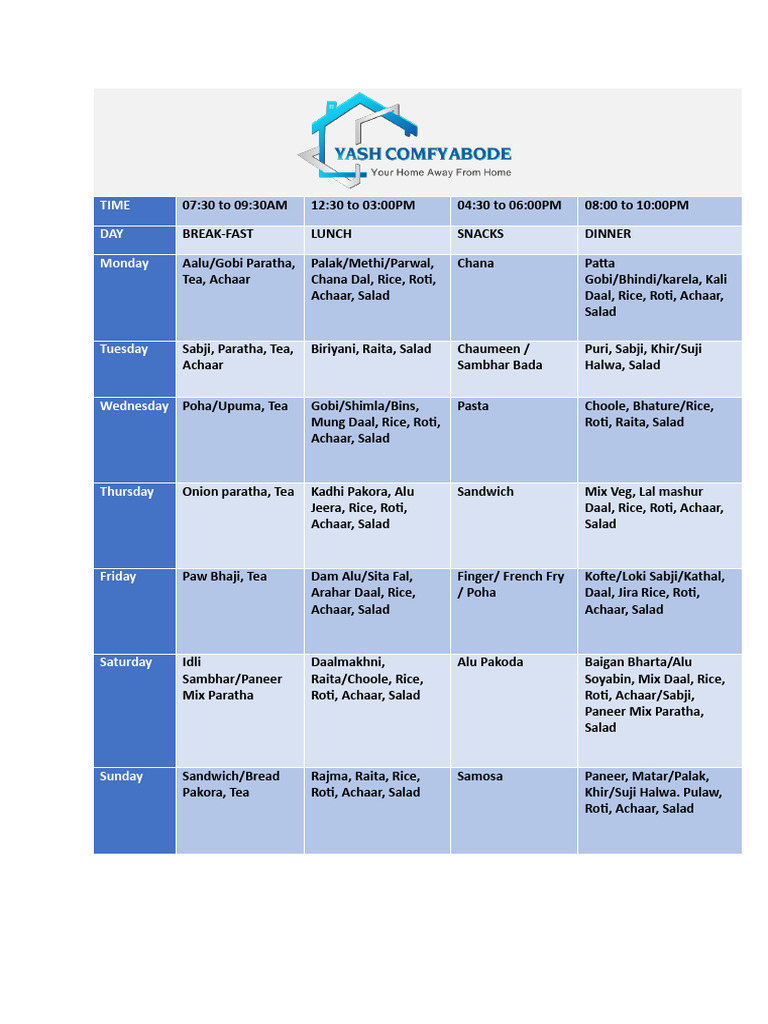 YASH COMFY ABODE PG Menu PDF | PDF