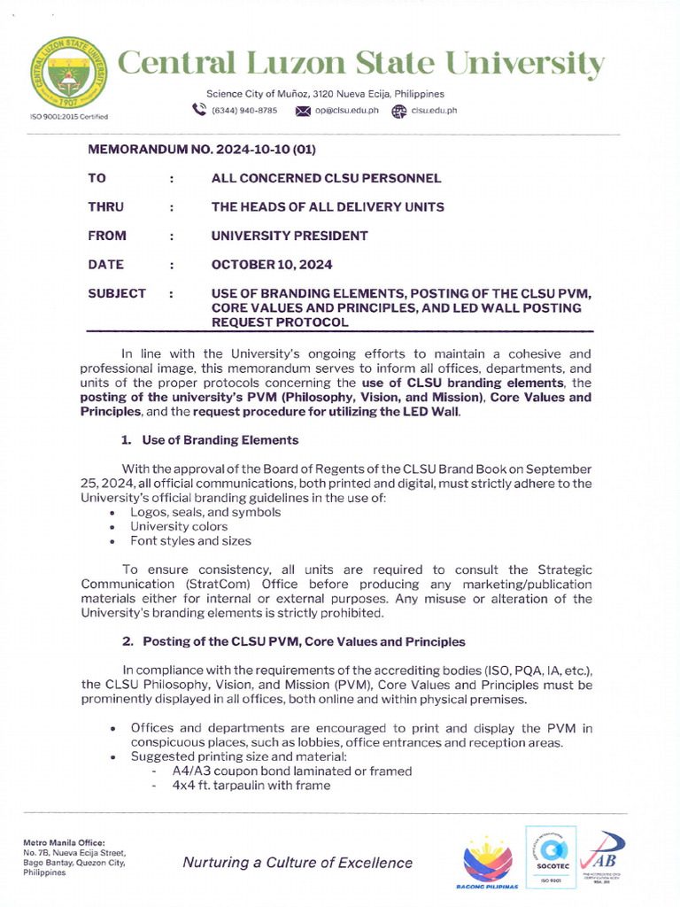Memorandum No. 2024 10-10-01 Use of Branding Elements Posting of The ...